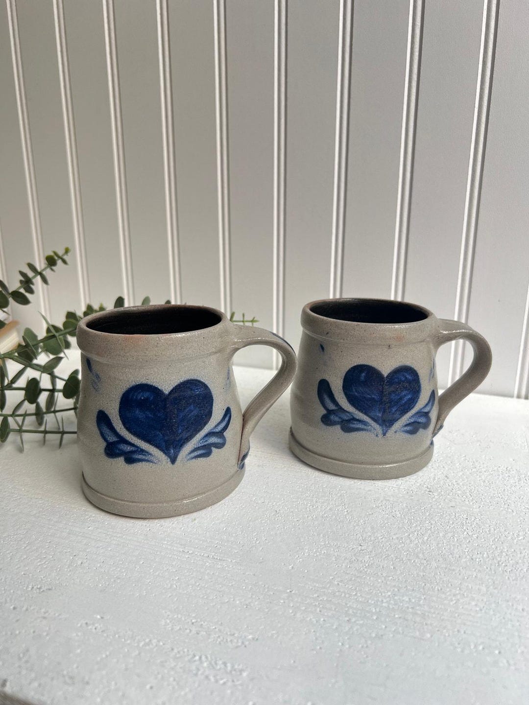 Rowe Pottery Mugs Blue Heart Design 1995 Salt Glazed Pottery Set of Two ...