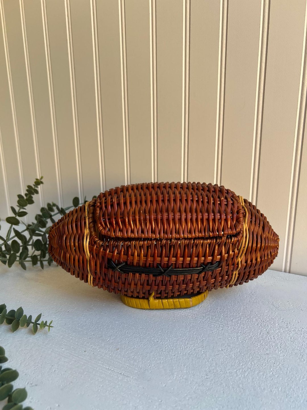 Vintage Wicker Rattan Football Shaped Basket With Lift up Lid Nursery ...