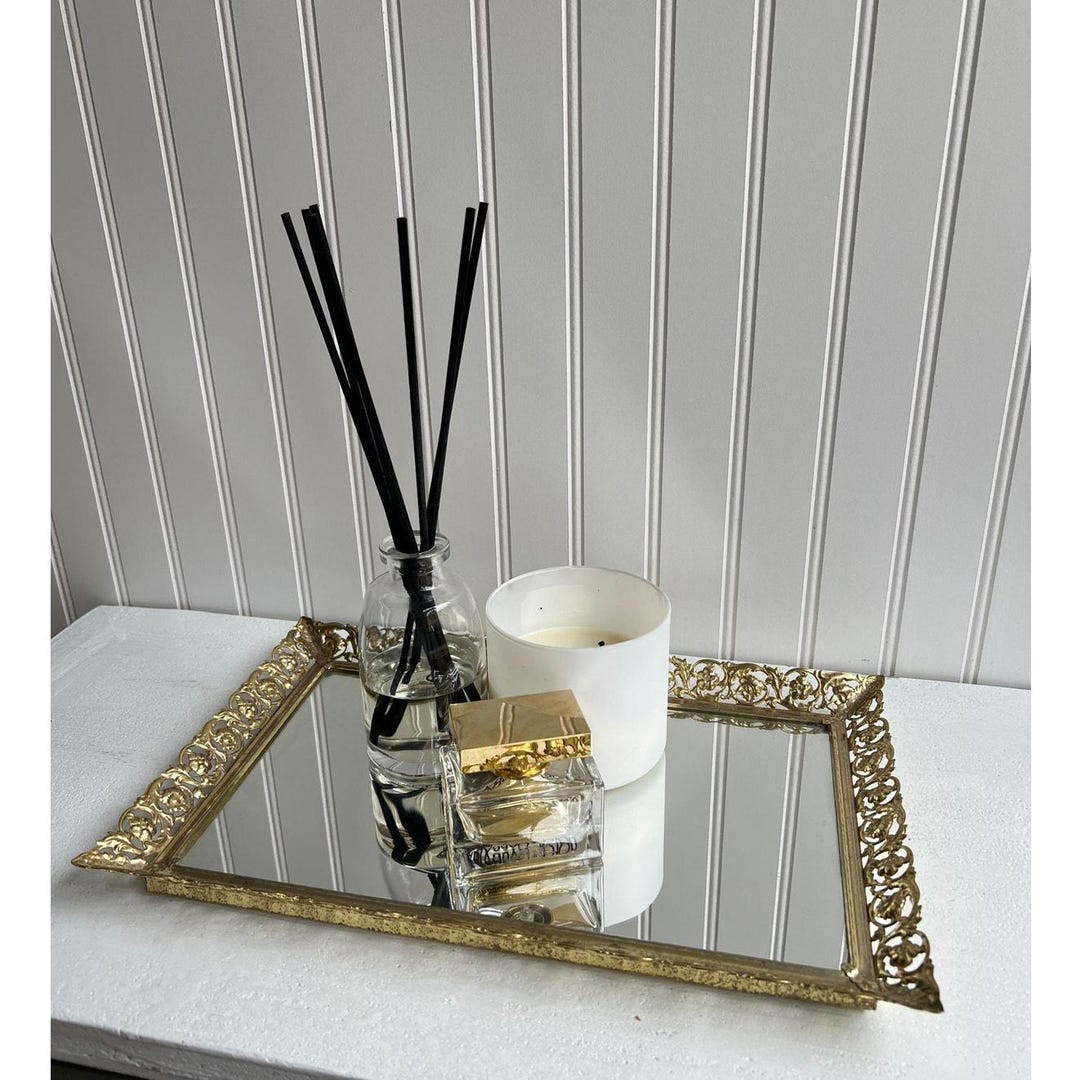 Vintage Gold Metal Rectangular Mirror Tray With Filigree Ormolu ...