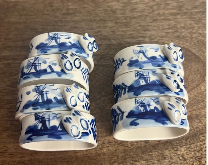 Set of 7 Holland Delft Blue Windmill Dutch Shoes Ceramic Napkin Rings ...