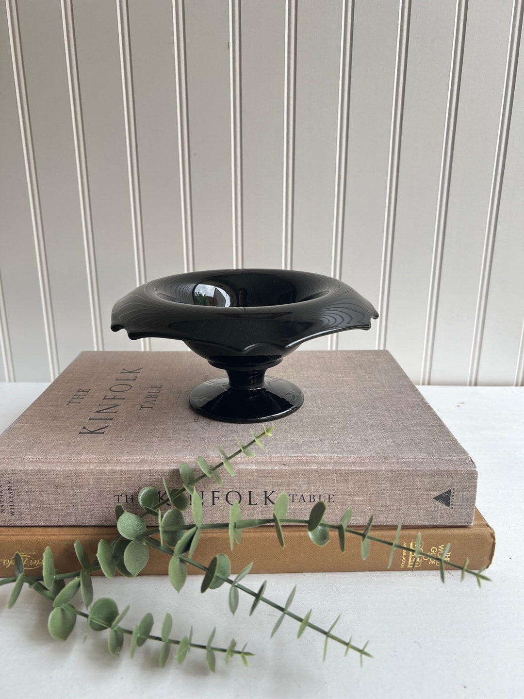 Vintage Black Glass Compote Candy Dish | Roled Edge | Halloween Gothic ...