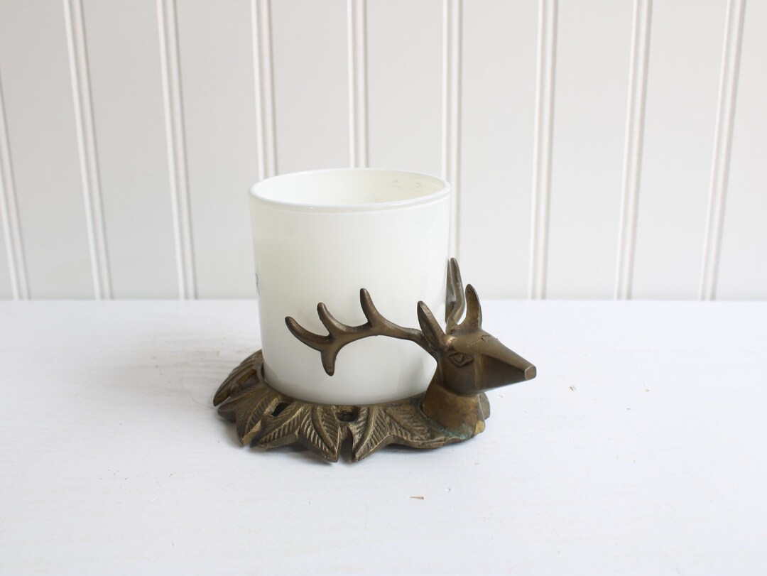 Vintage Brass Deer Stag Head Candle Holder Base Rustic Home Decor Lodge ...