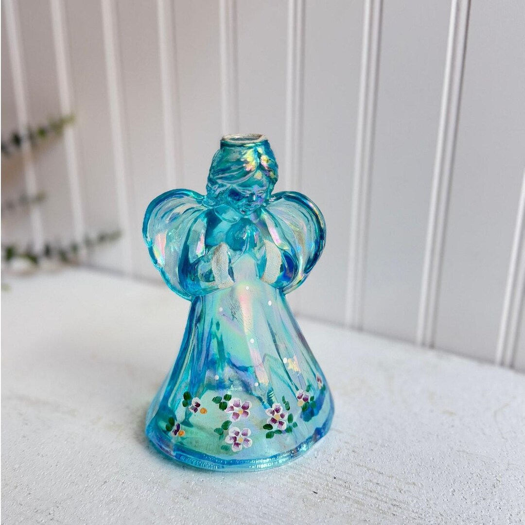 Fenton Blue Carnival Glass Angel Figurine | Iridescent Hand-painted ...