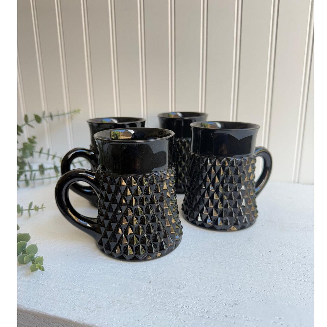 Vintage Indiana Glass Diamond Print Glass Coffee Mugs | Set of 4 ...