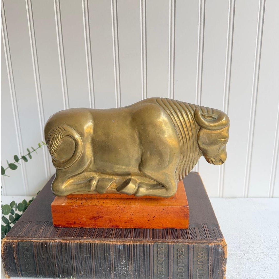 Vintage Italian Solid Brass Bull Sculpture | Taurus Figurine on Wood ...