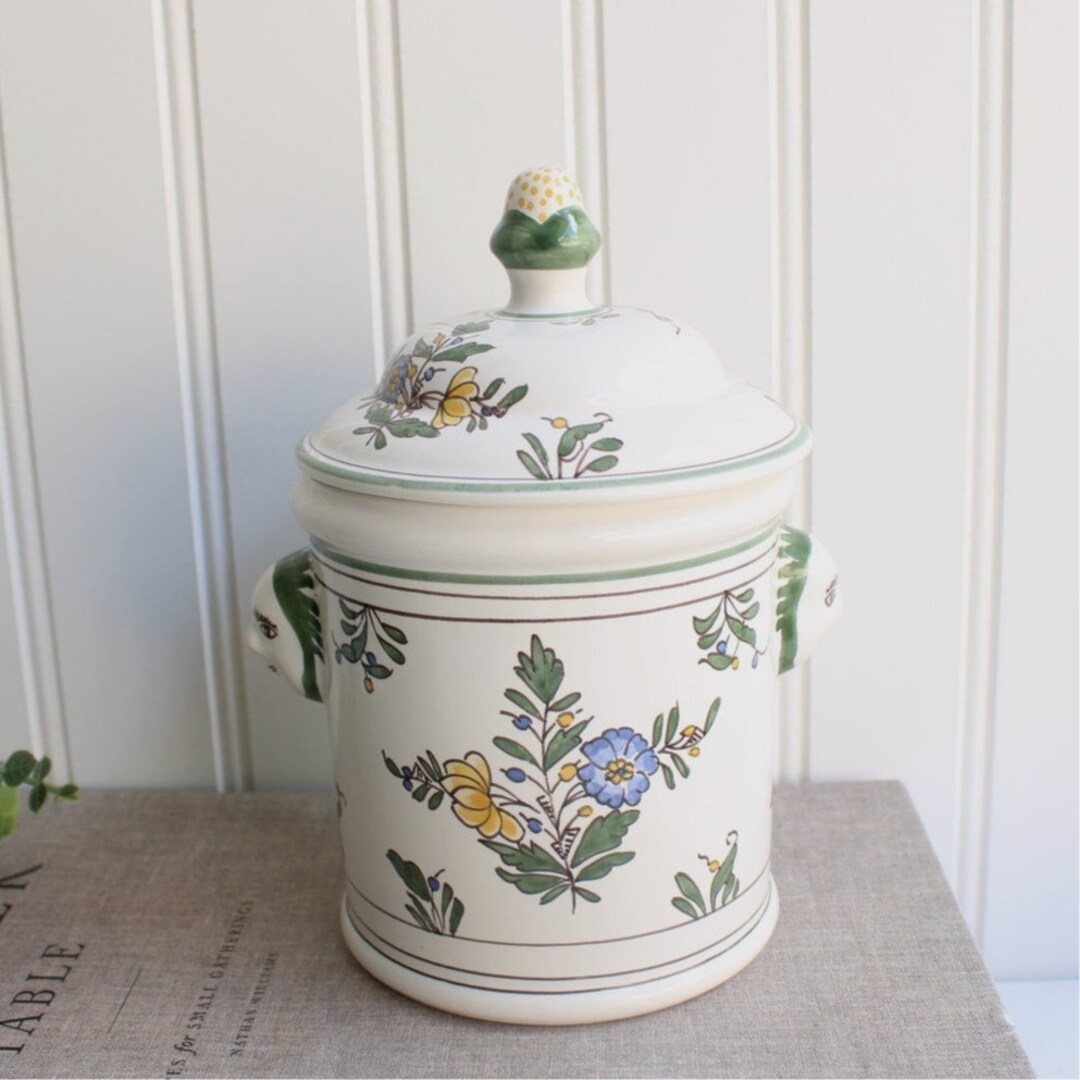Vintage Italian Hand-painted Ceramic Cookie Jar Floral Design With Face ...