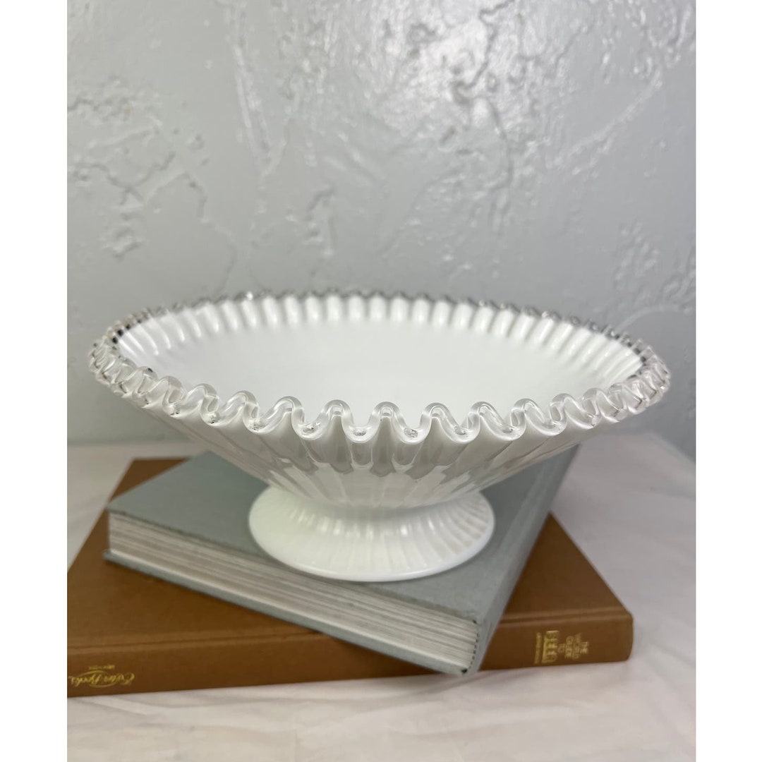 Fenton Silvercrest Bowl Lace Ruffle Edge Footed Bowl Crimped Edge White ...