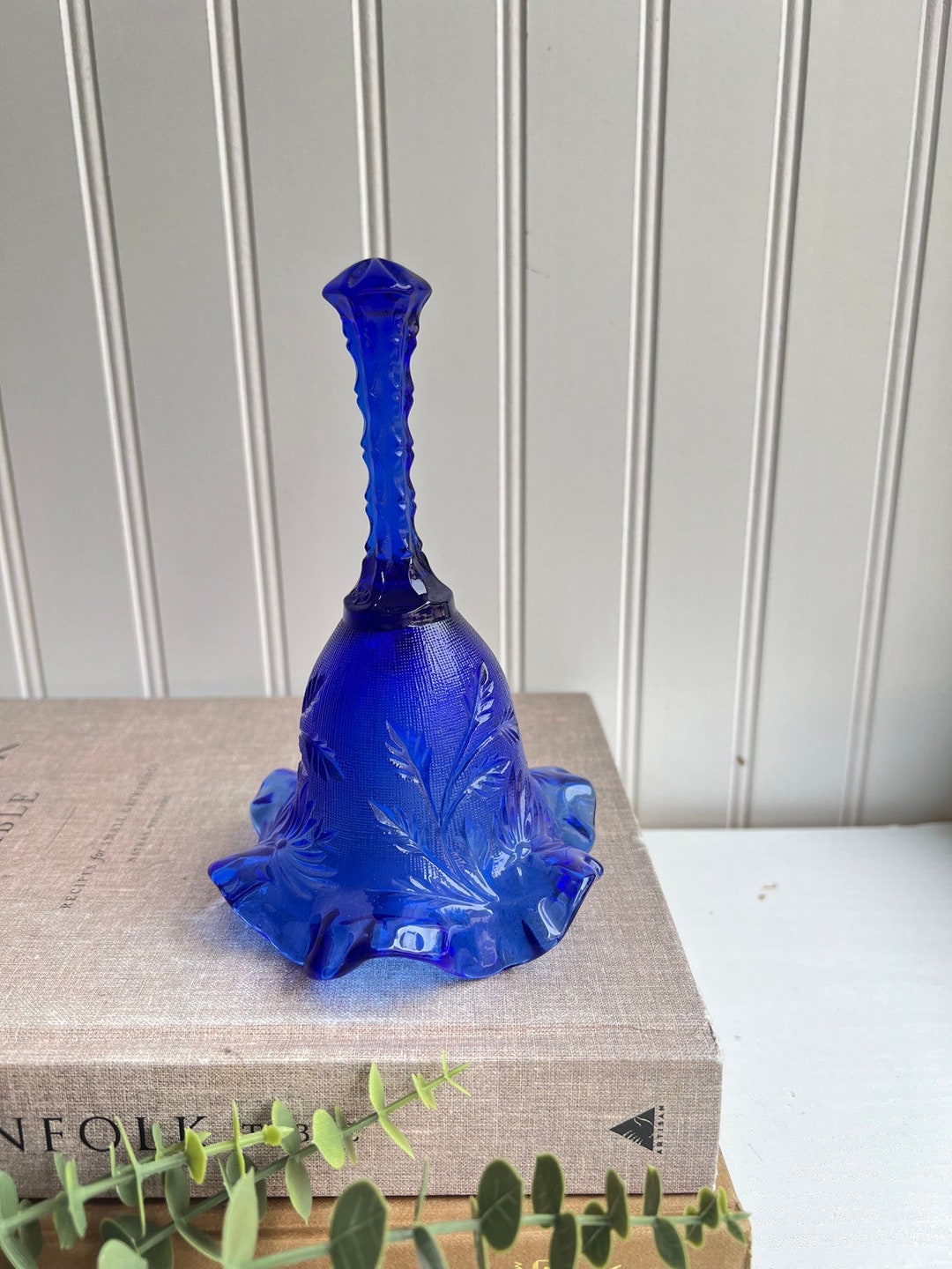 Fenton Art Glass Bell Embossed Intaglio Tranquility Cobalt Blue Crest ...