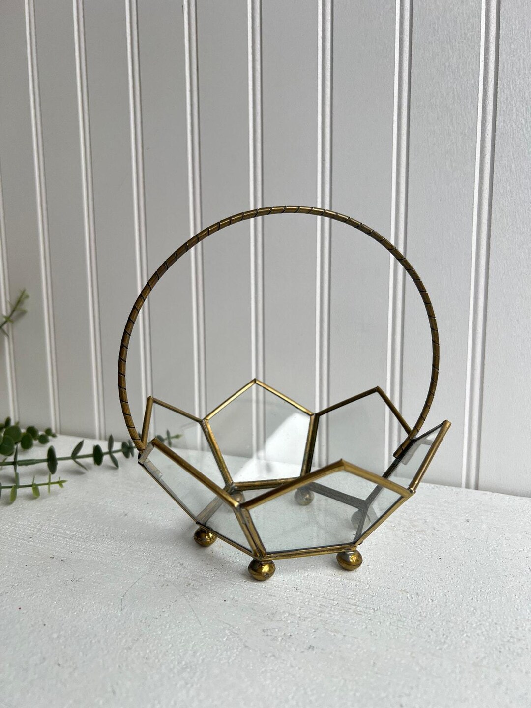 Vintage Pentagon Trinket Display Basket Brass and Glass Footed - Etsy