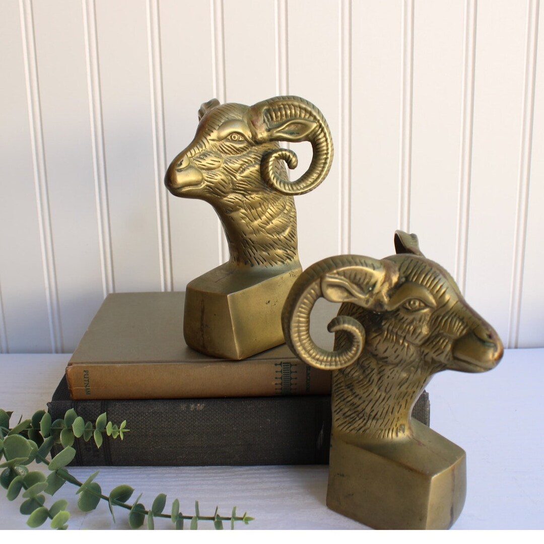 Vintage Brass Ram Head Bookends Ram Ibex Pair Set of 2 MCM Vintage ...