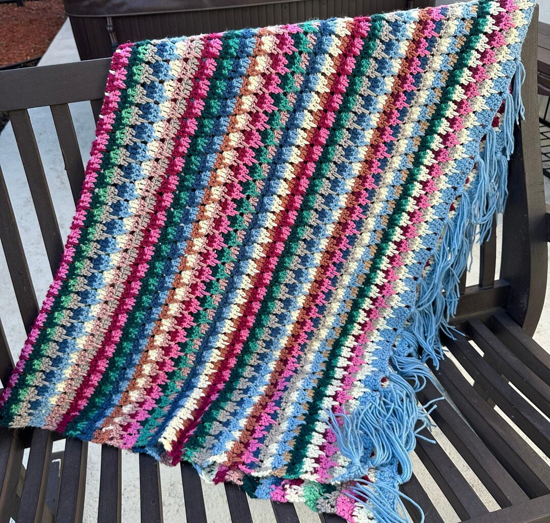 Vintage Handmade Crochet Throw Blanket With Fringe | Striped Pattern in ...