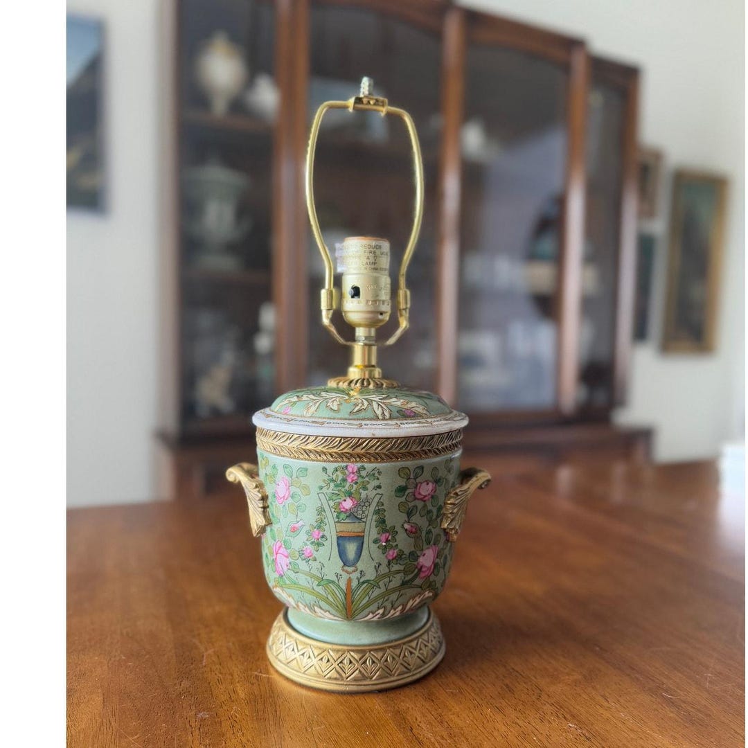 Vintage Green Floral Urn Lamp With Ornate Handles | Ginger Jar Style ...