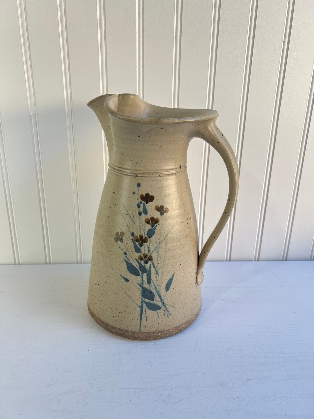 Studio Pottery Glazed Clay Floral Pitcher Pinched Lip Pottery Primitive ...