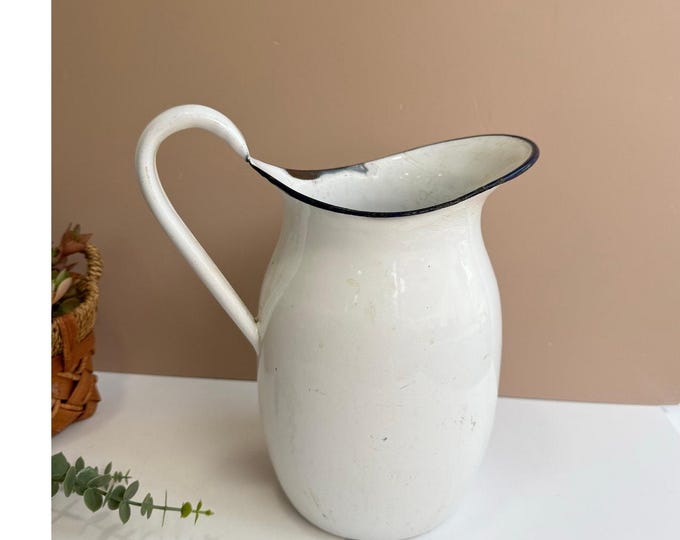 Vintage White Enamel Pitcher | Enamelware Water Jug | Farmhouse Cottage ...