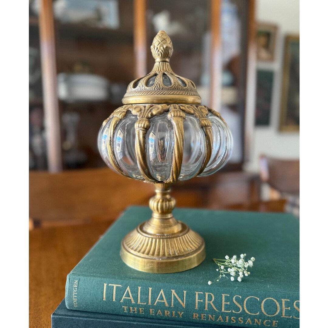 Vintage Hand Blown Bubble Glass Caged & Brass Lidded Apothecary Jar ...