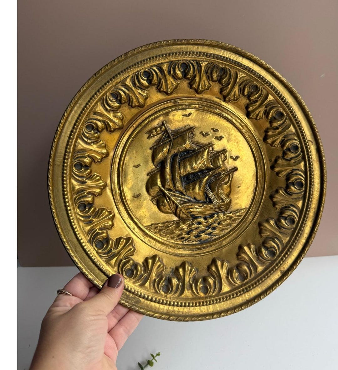 Vintage Brass Ship Plate | Made in England | Pirate Ship Design ...