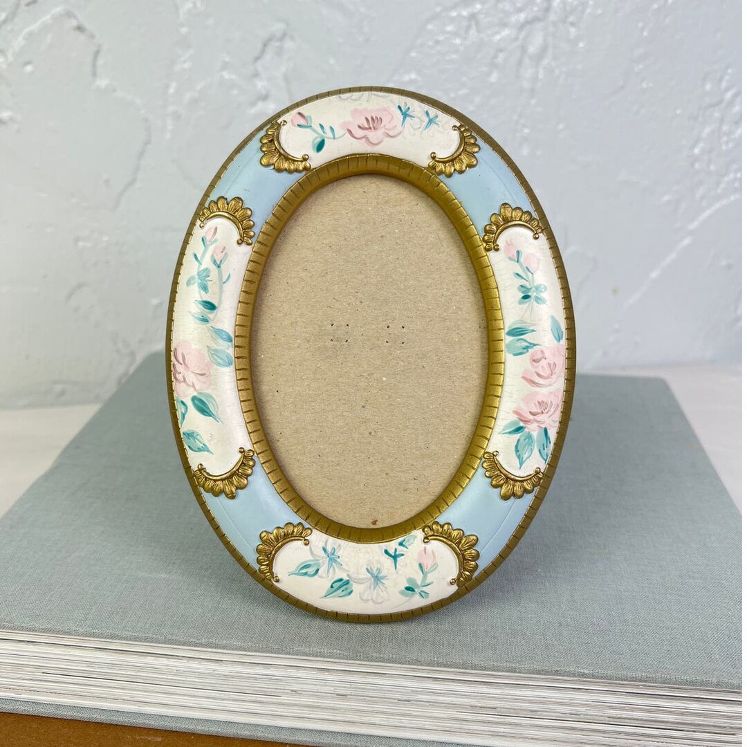 Twos Company Hand Painted Oval Picture Frame Gold Trim Pink Blue ...