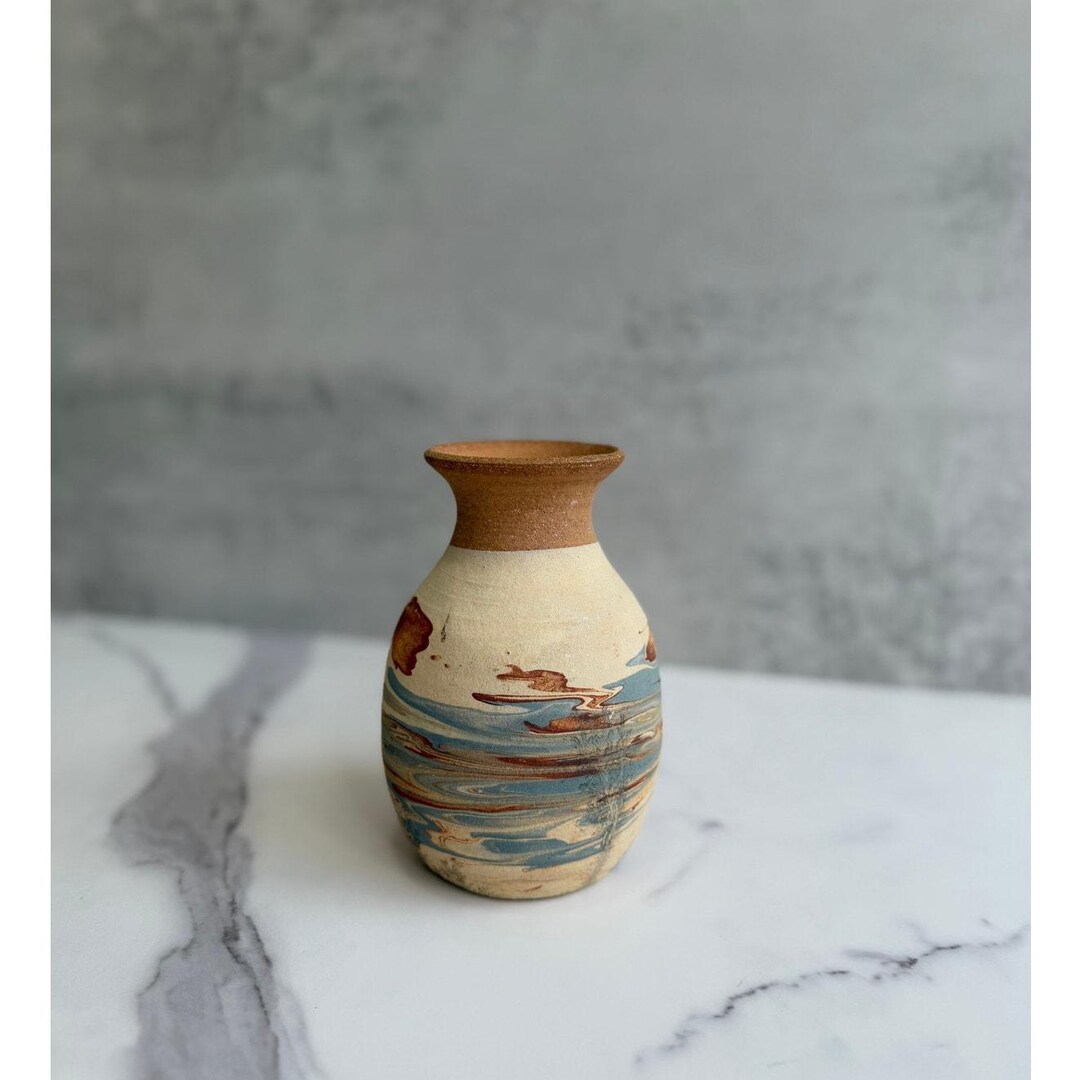 Vintage Swirl Pottery Vase | Earth-toned Ceramic in Brown, Beige & Blue ...