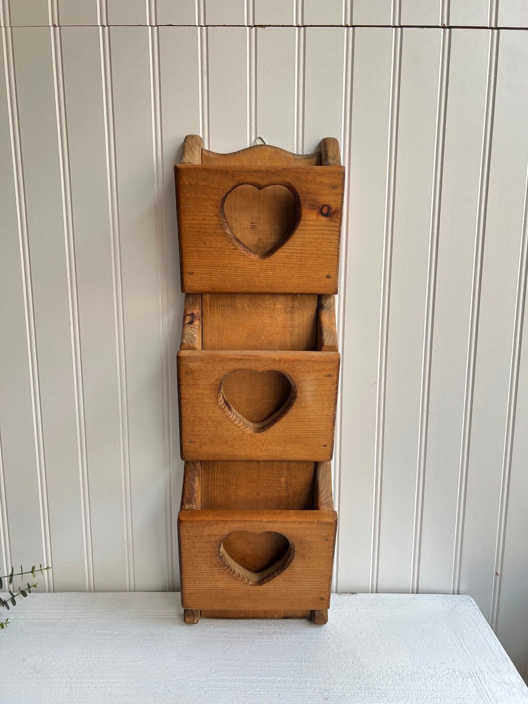 Vintage Wood Wall Organizer With Hearts | Wooden Letter Holder 3 Slots ...
