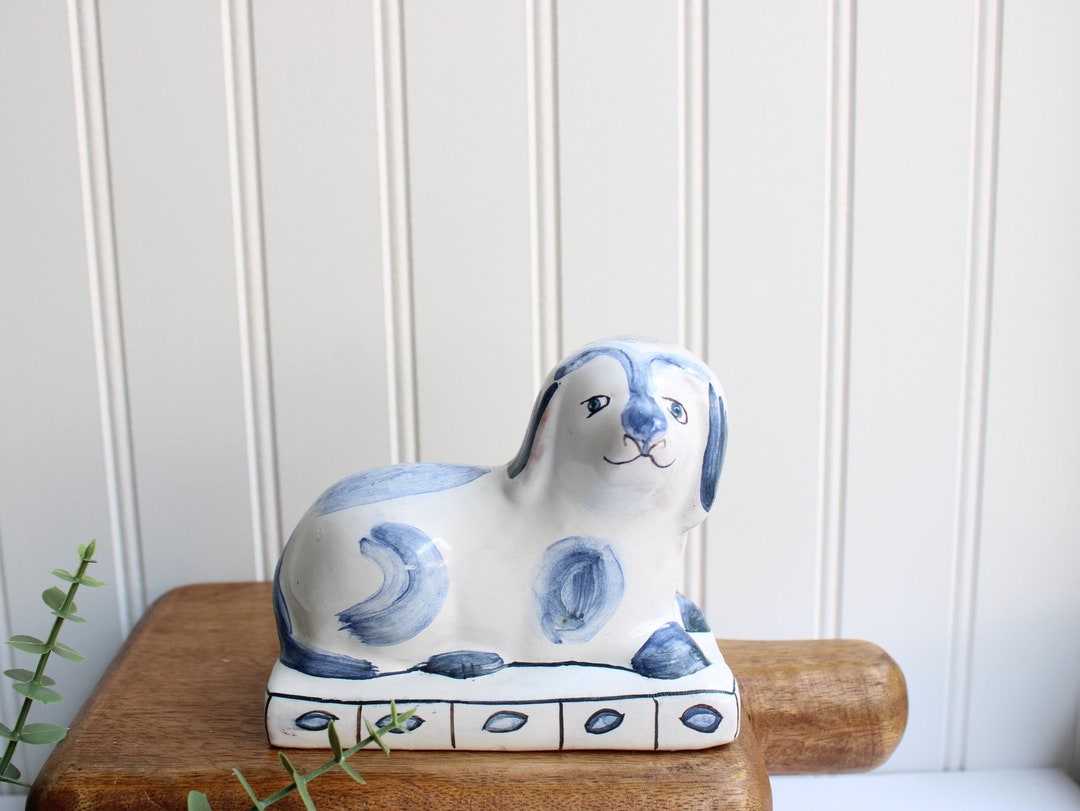 Vintage Ceramic Dog Pair White and Blue Painted Mantle Dog Portugal ...