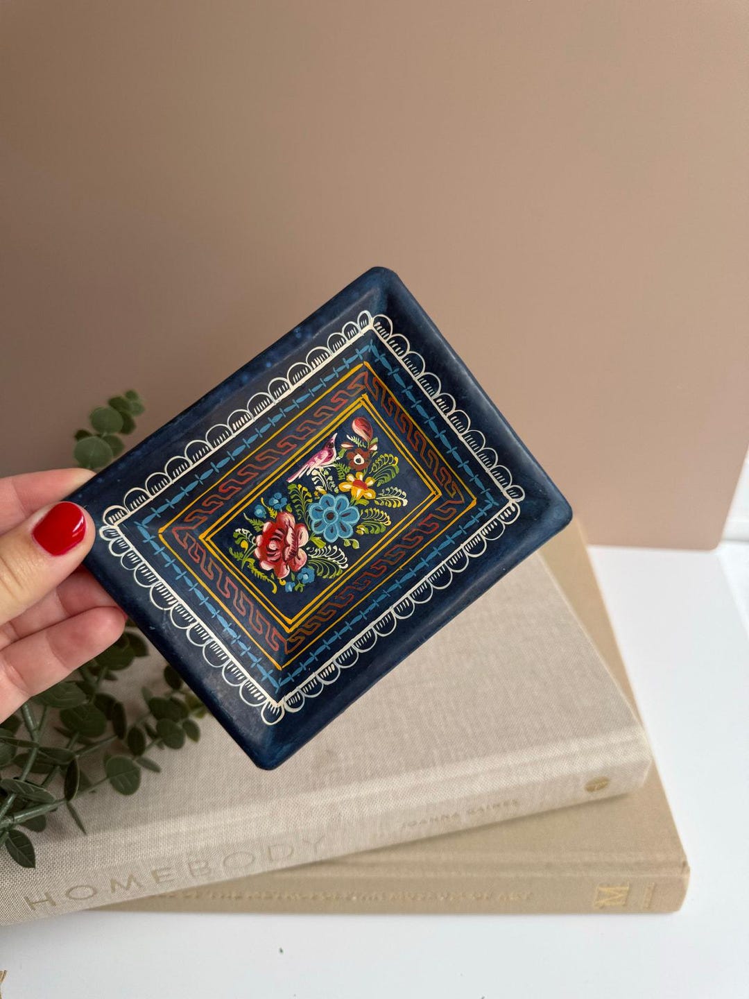 Vintage Handpainted Wooden Folk Art Tray | Small Blue Floral Trinket ...