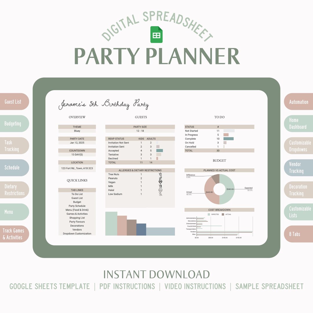 Digital Party Planner Template | Event Planner | Spreadsheet Template ...