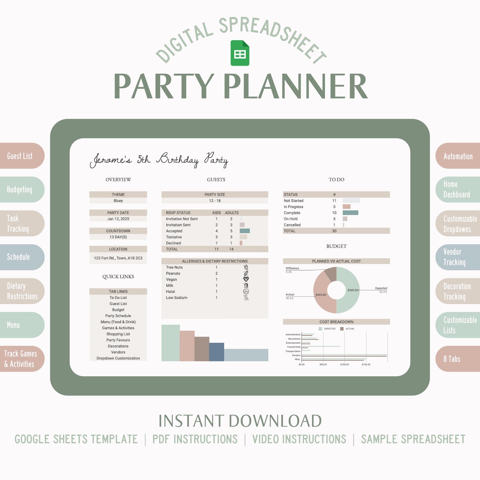 Digital Party Planner Template | Event Planner | Spreadsheet Template | Google Sheets Template ...