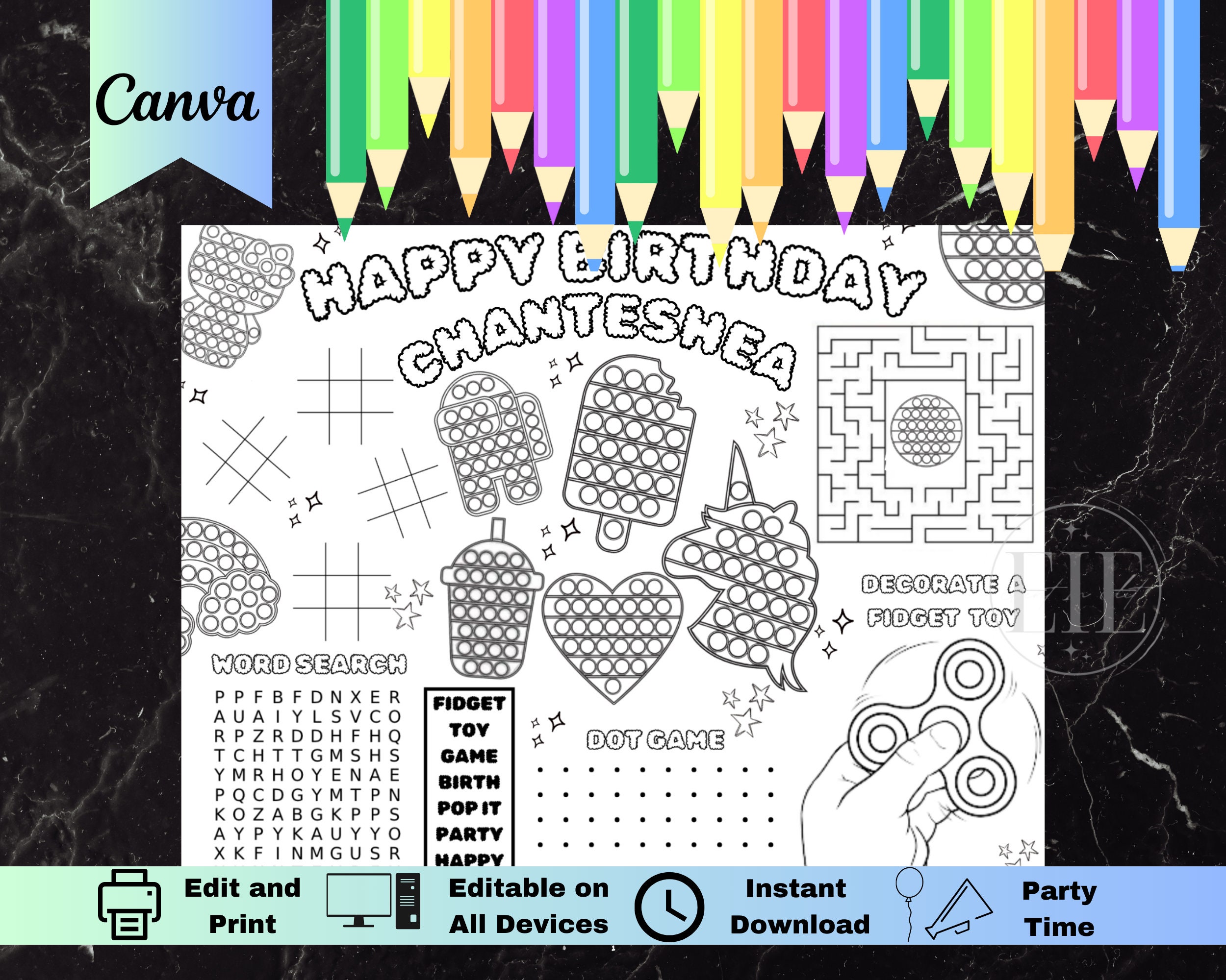 Fidget Toy Coloring Birthday Party Placemat | Editable Pop Activity ...