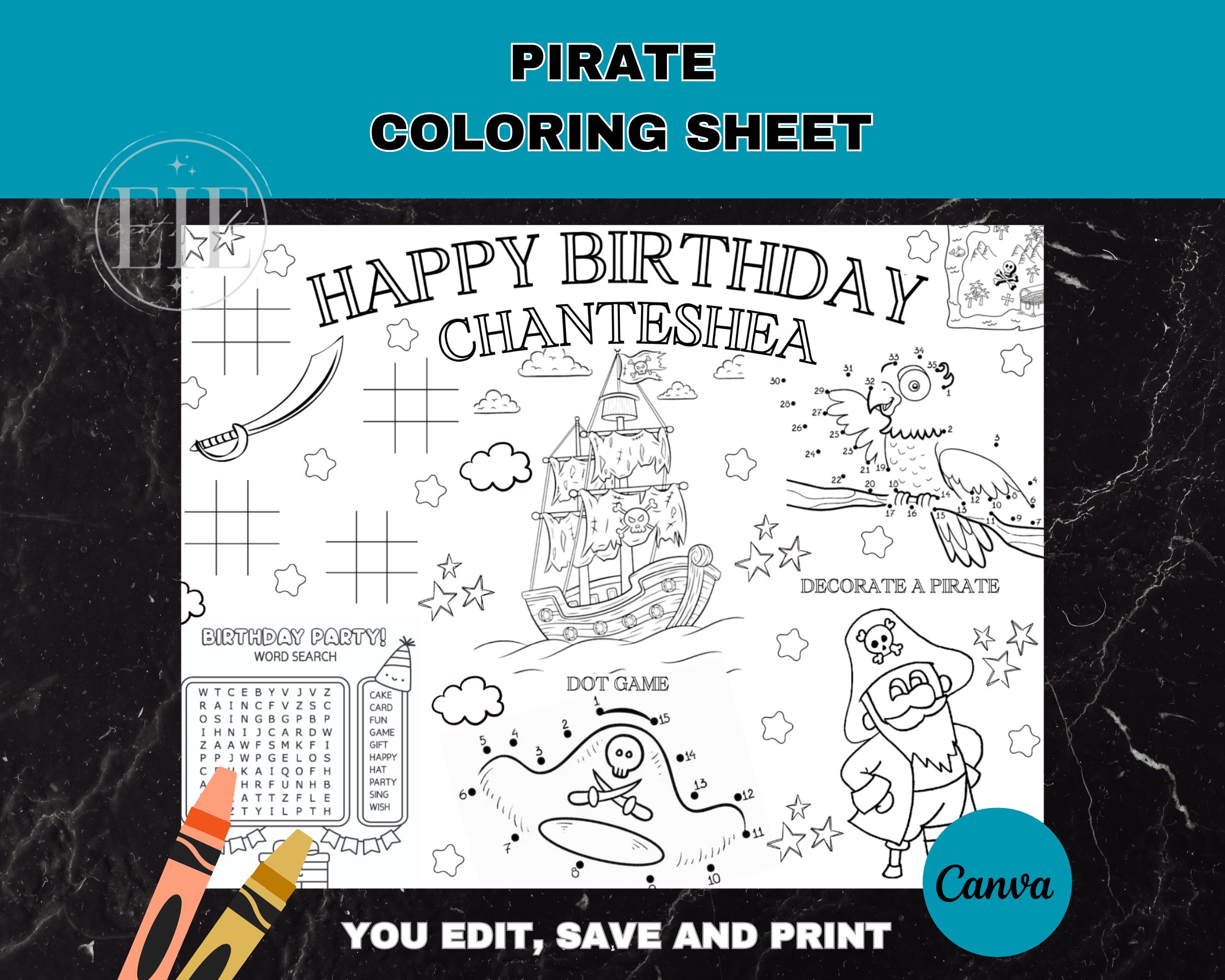 Pirate Coloring Birthday Party Placemat | Editable Ship Activity Sheet ...