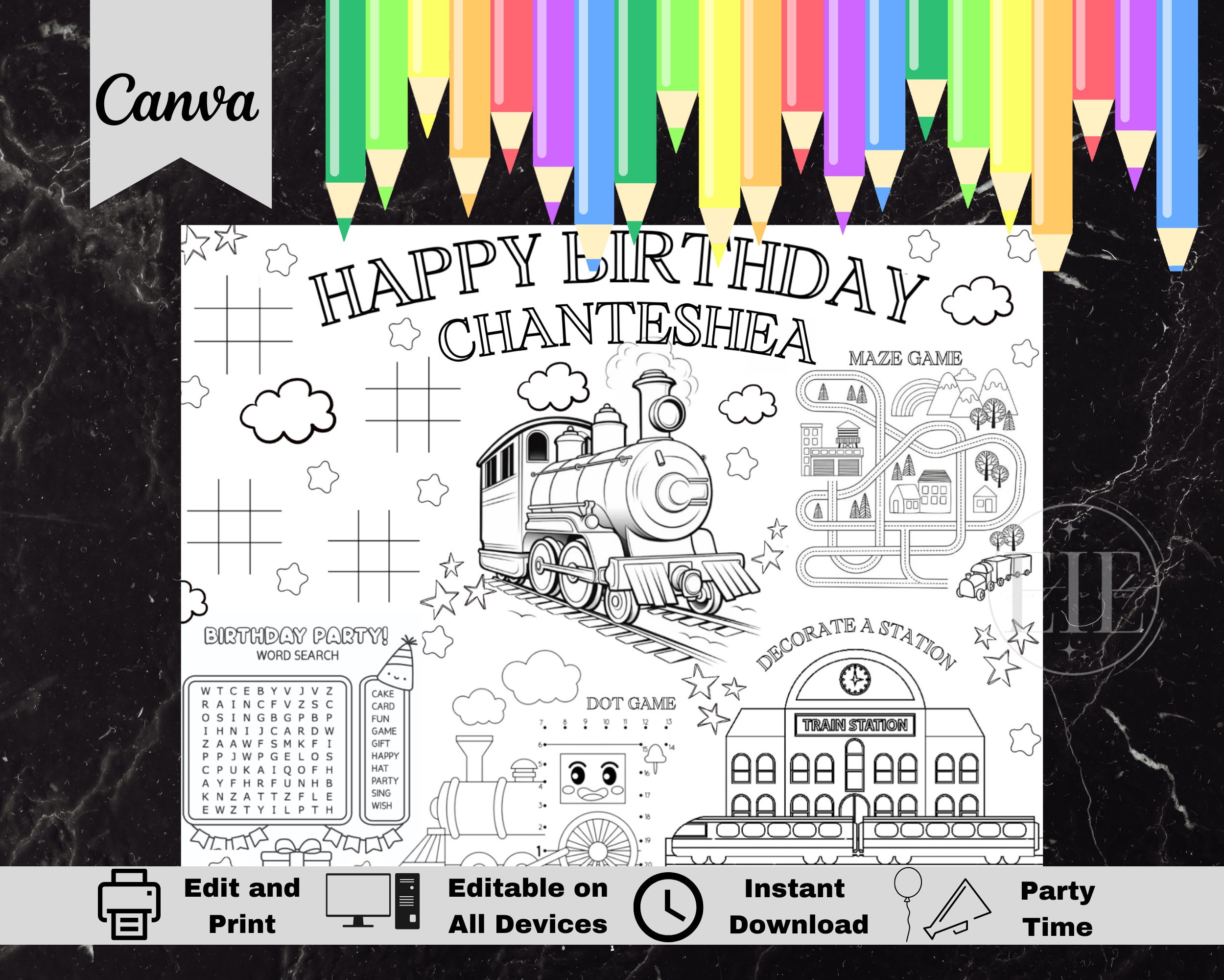 Train Coloring Birthday Party Activity Sheet | Editable Transportation ...
