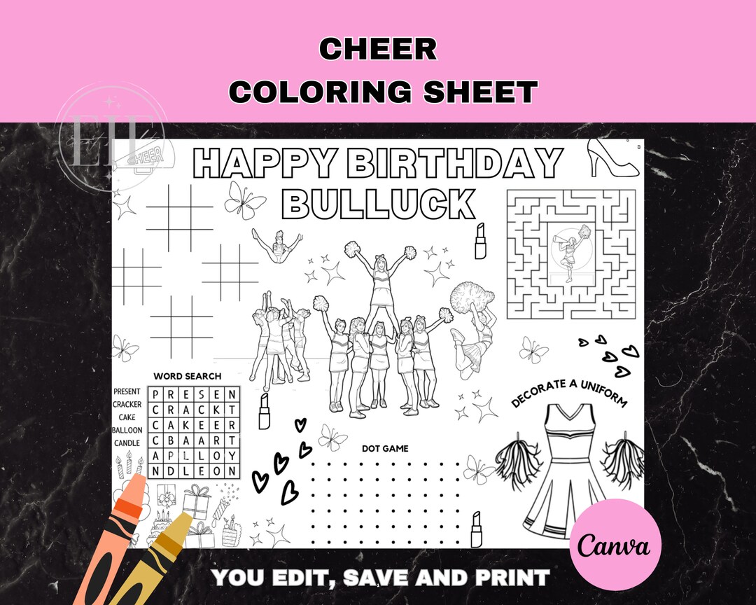 Cheerleader Coloring Birthday Party Activity Sheet | Editable Cheer ...
