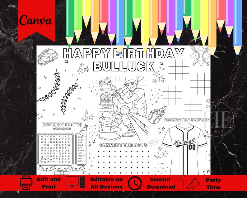 Baseball Coloring Birthday Party Activity Sheet | Editable Softball ...