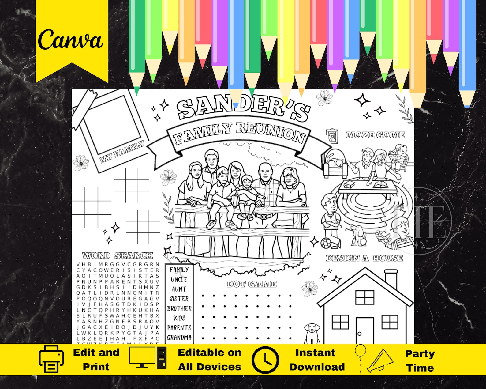 Family Reunion Coloring Activity Sheet | Printable Generations Placemat ...