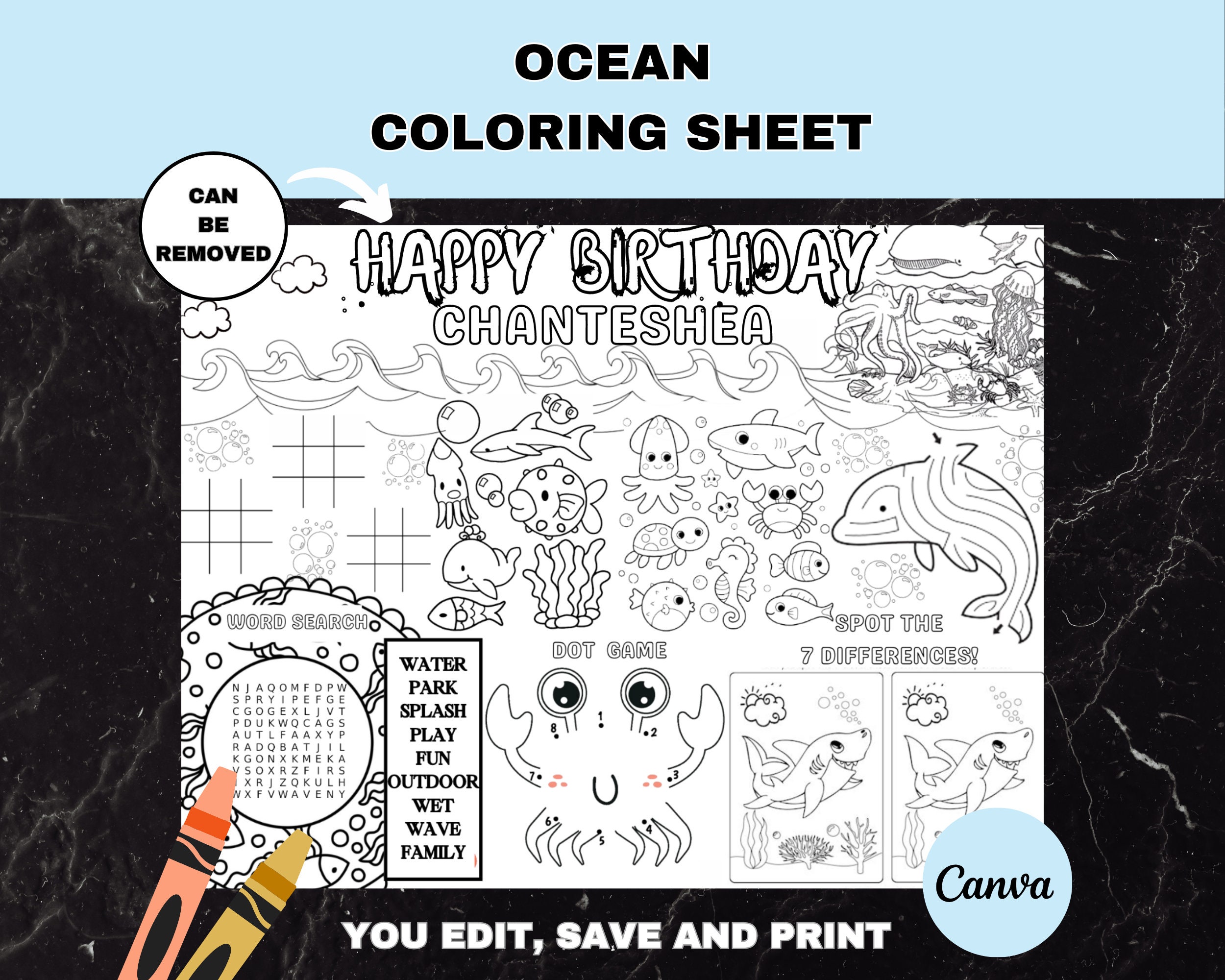 Ocean Coloring Birthday Party Placemat | Sea Creature Activity Sheet ...