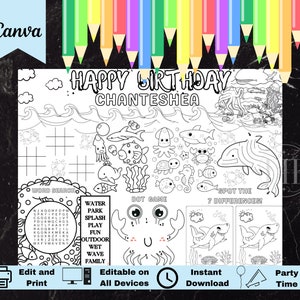 Ocean Coloring Birthday Party Placemat | Sea Creature Activity Sheet ...