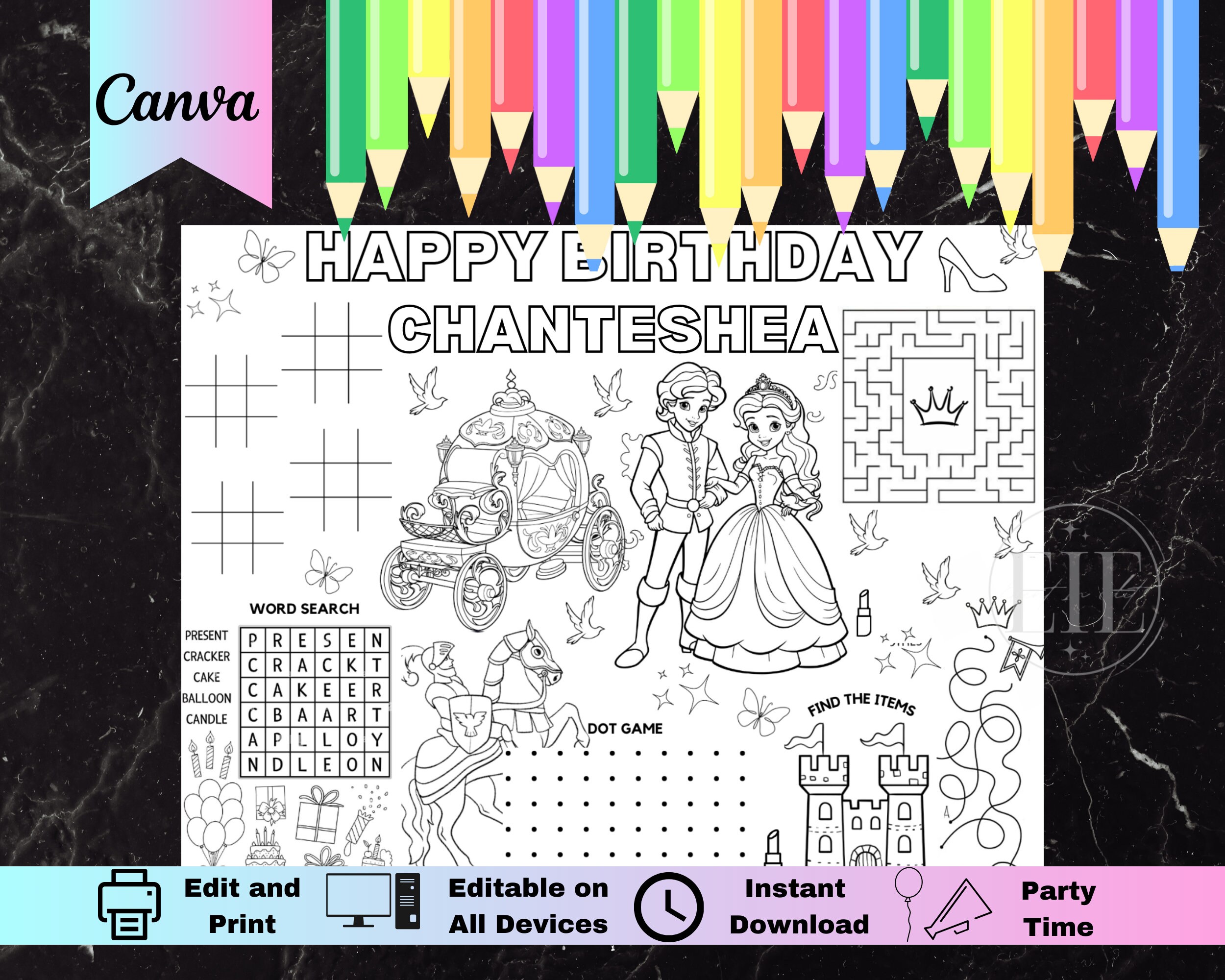 Prince and Princess Coloring Birthday Party Activity Sheet | Editable ...