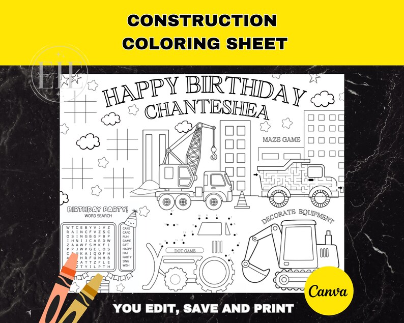Construction Coloring Birthday Party Activity Sheet Editable Building ...