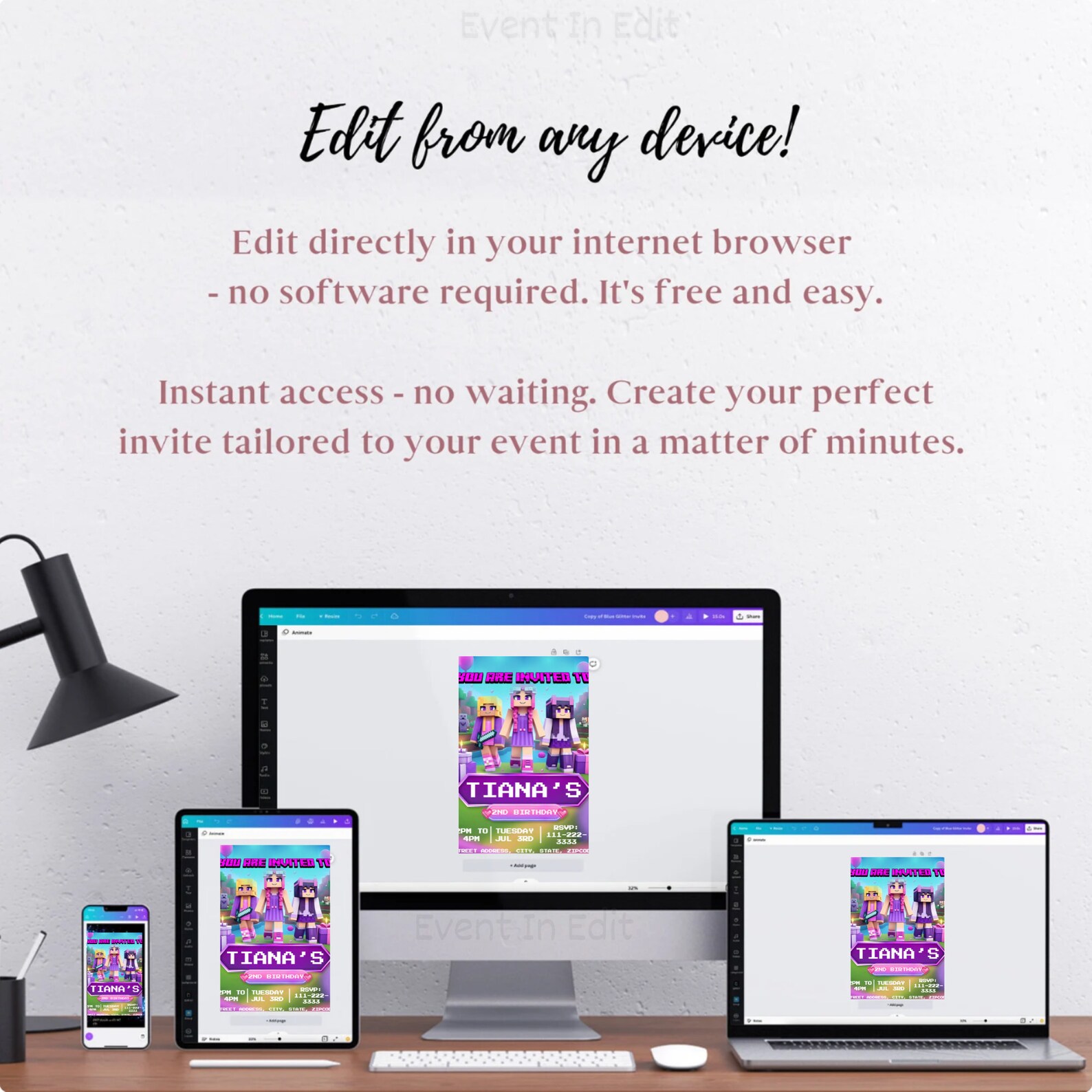 Aphmau Birthday Party Invitation | Editable Gamer Girl Invite | Block Game Character Color Page ...