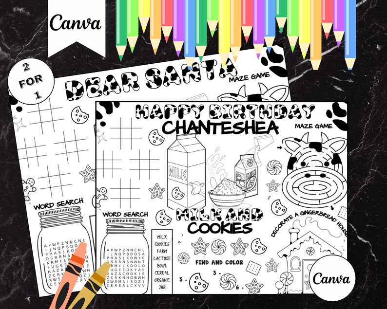 Milk and Cookies Coloring Birthday Party Placemat | Printable Cow ...