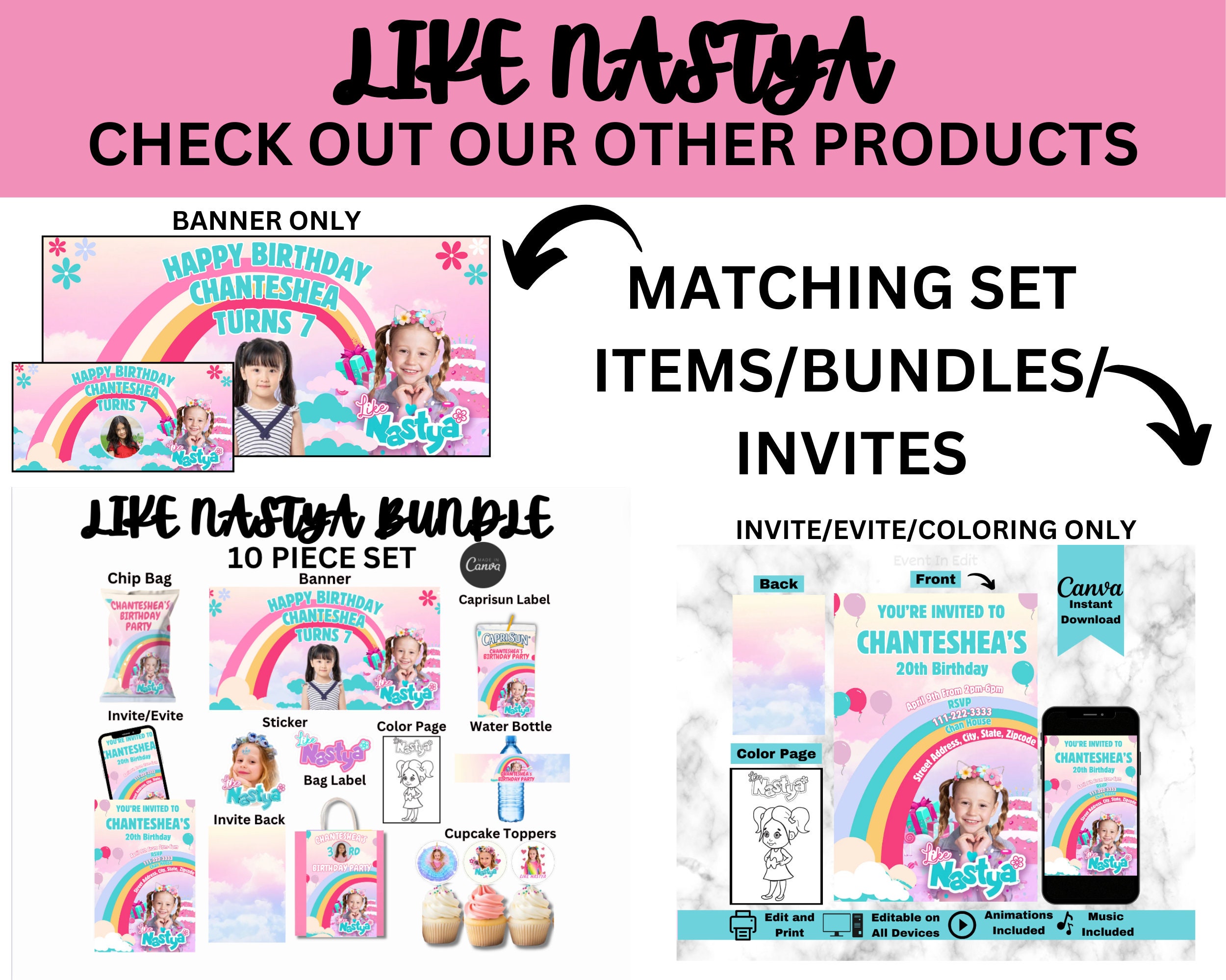 Like Nastya Birthday Party Bundle Nastya Party Pack Kid Youtuber Party ...