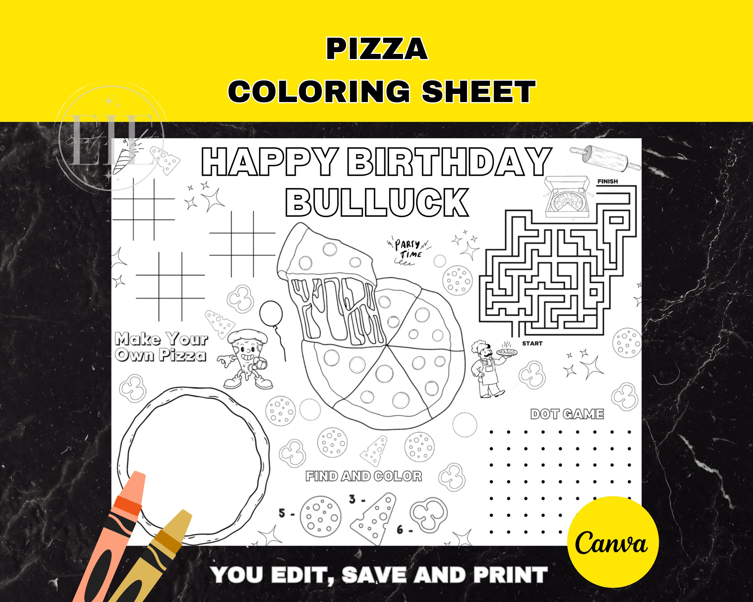 Pizza Coloring Birthday Party Activity Sheet | Editable Slice Placemat ...