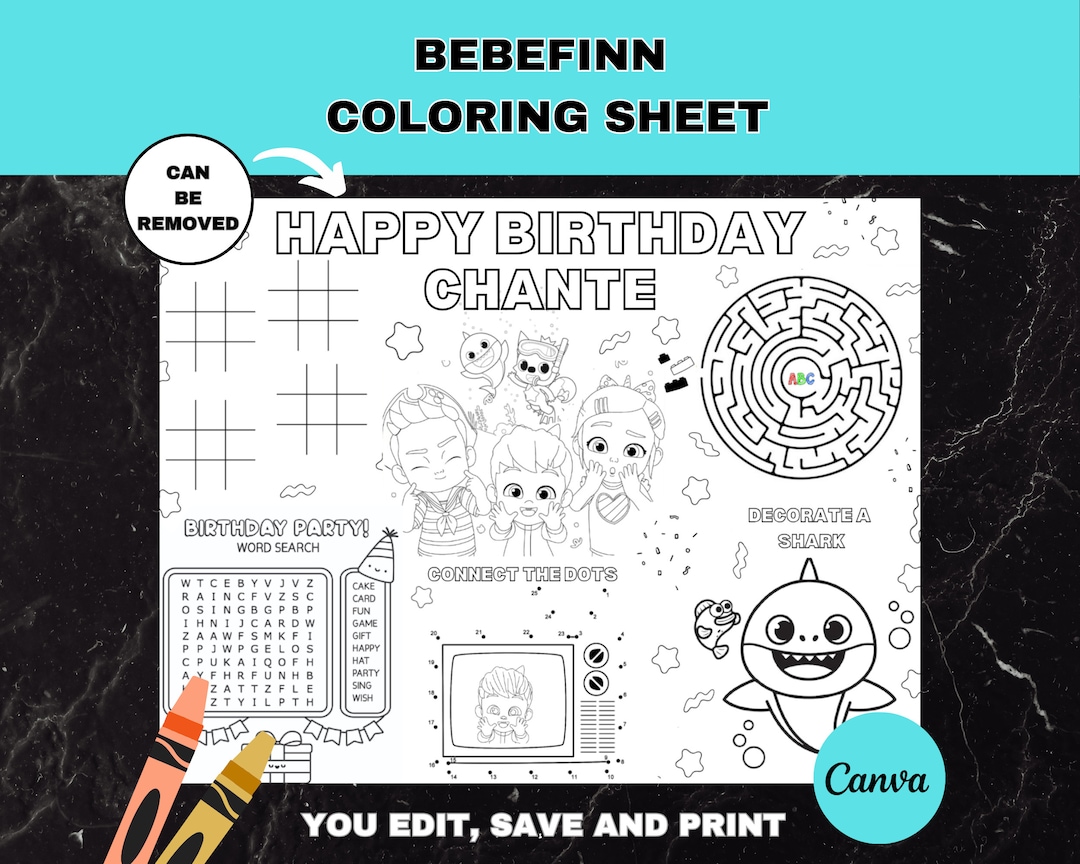 Bebefinn Coloring Birthday Party Placemat | Shark Activity Sheet | Kids ...
