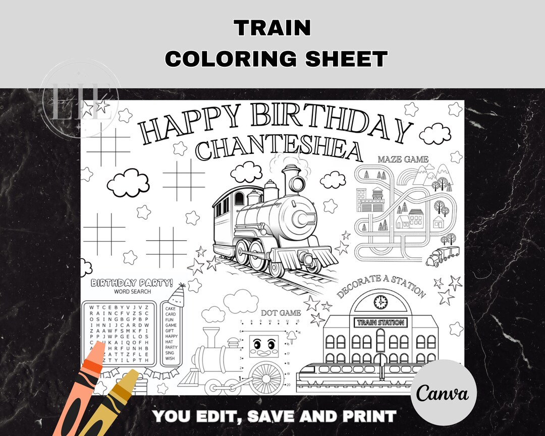 Train Coloring Birthday Party Activity Sheet | Editable Transportation ...