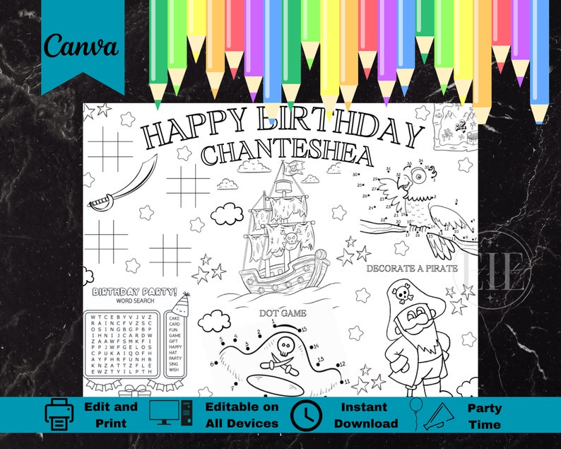 Pirate Coloring Birthday Party Placemat | Editable Ship Activity Sheet ...