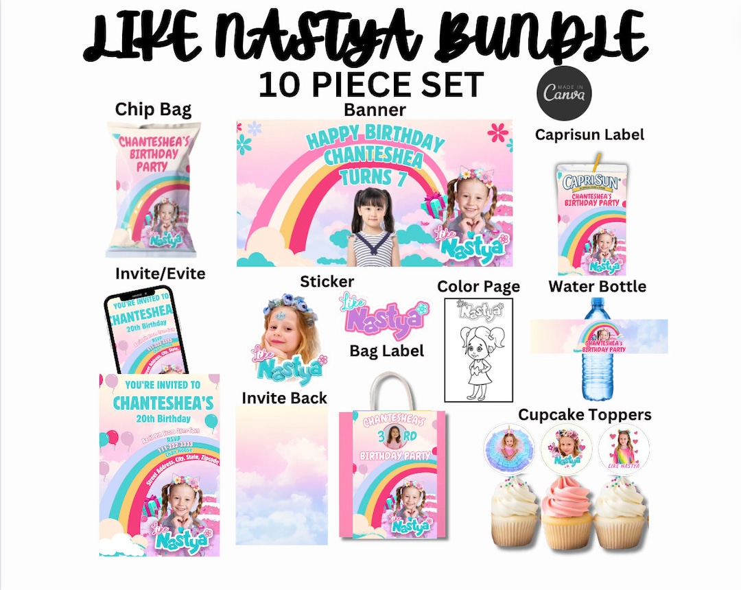 Like Nastya Birthday Party Bundle | Nastya Party Pack | Kid Youtuber ...