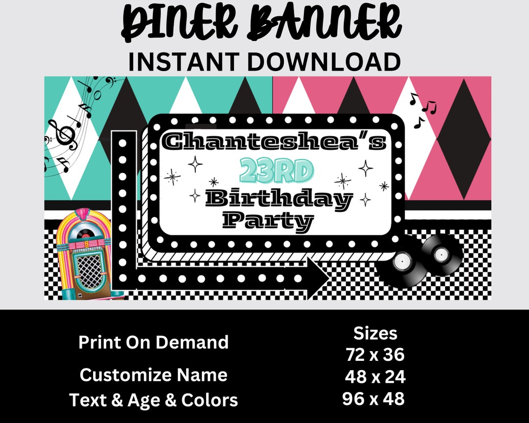 Retro Diner Birthday Party Banner | 1950s Backdrop | Shake Rattle and ...