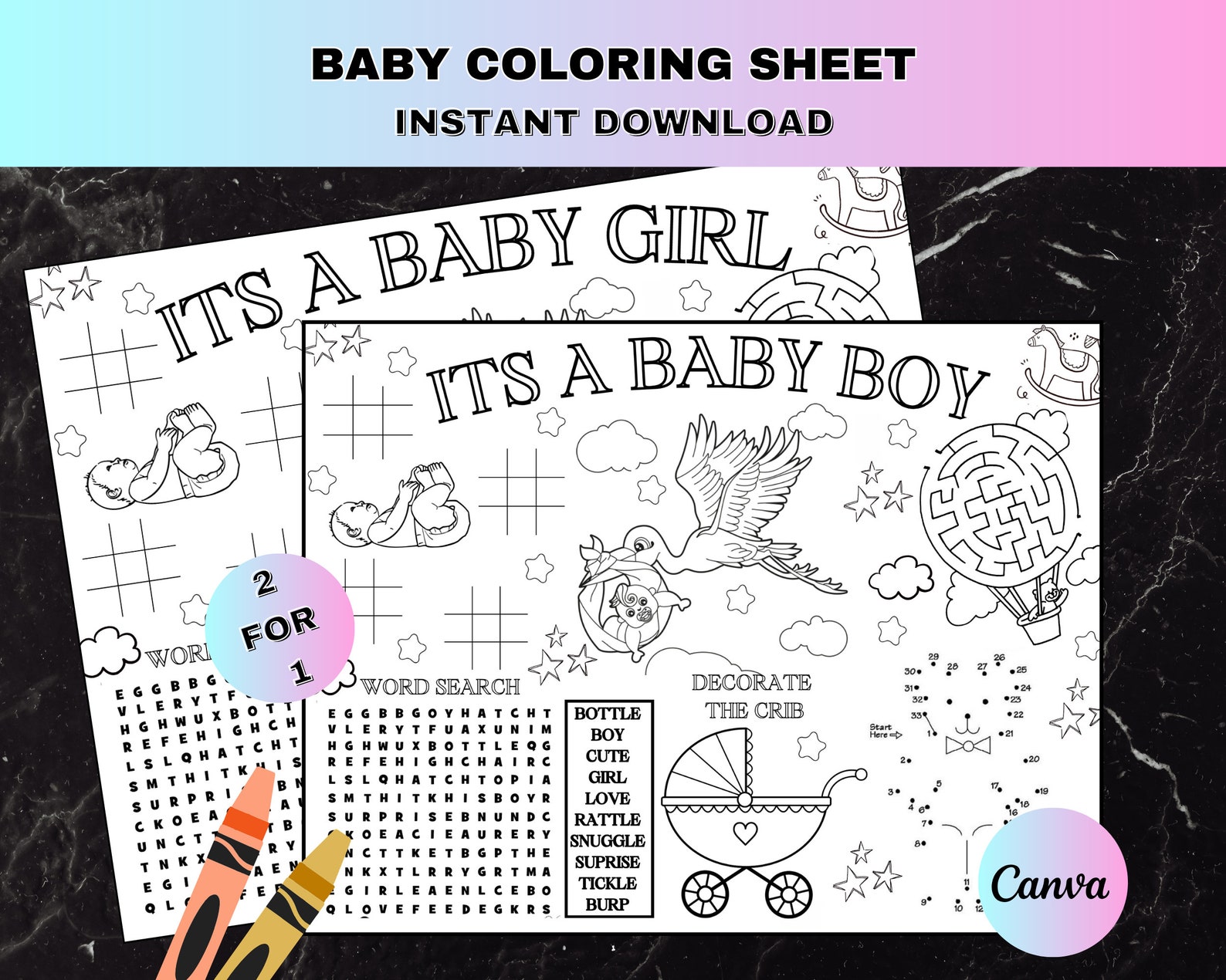 Baby Shower Coloring Page Gender Reveal Placemat Activity Sheet Its A ...