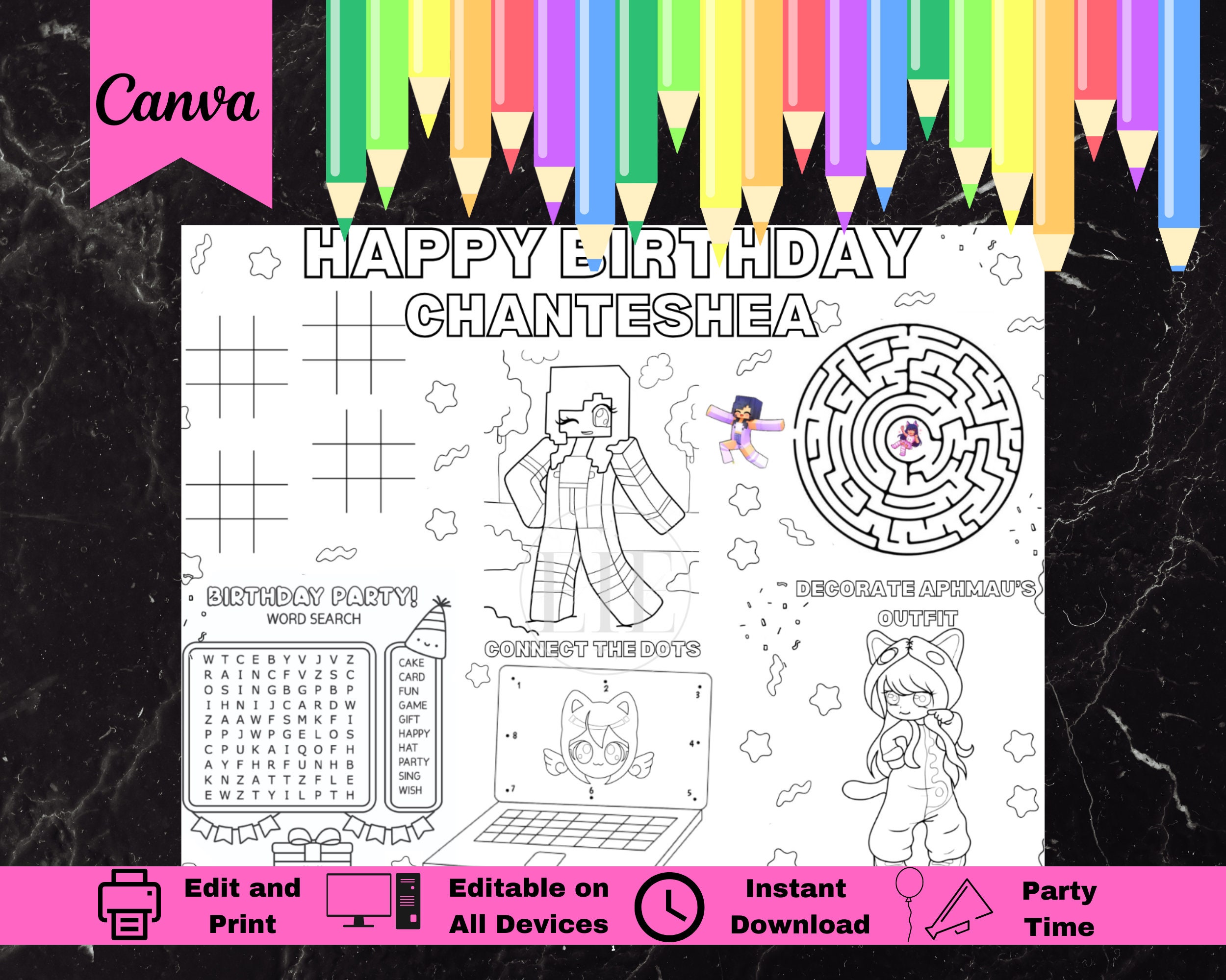 Aphmau Birthday Party Coloring Page | Editable Girl Gamer Placemat ...