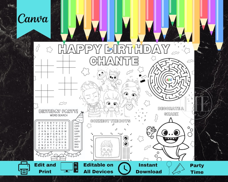 Bebefinn Coloring Birthday Party Placemat | Shark Activity Sheet | Kids ...