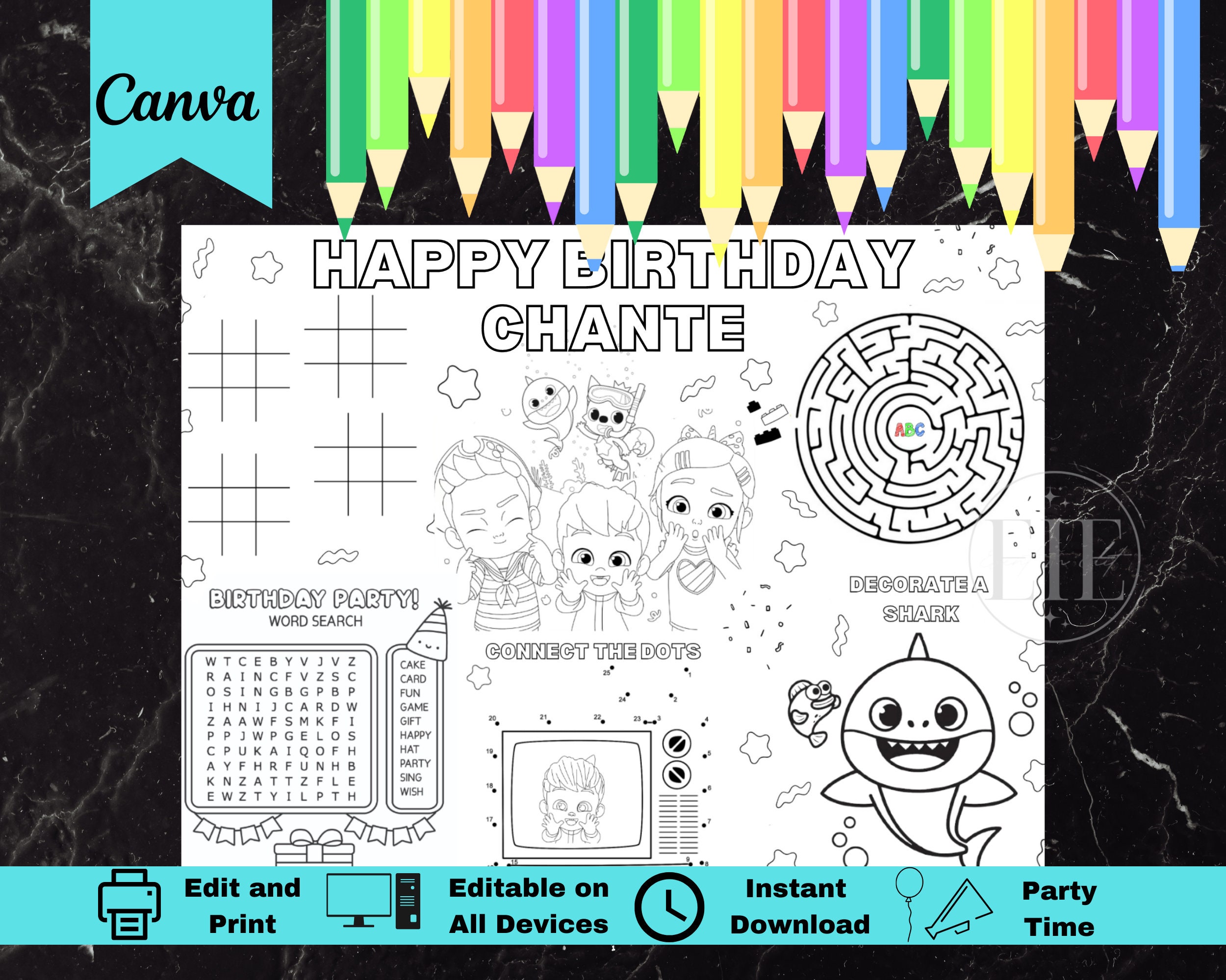 Bebefinn Coloring Birthday Party Placemat | Shark Activity Sheet | Kids ...